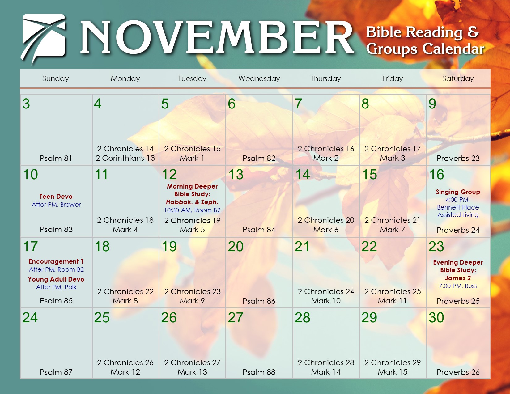 November 2019 Reading Calendar – Charlestown Road church of Christ