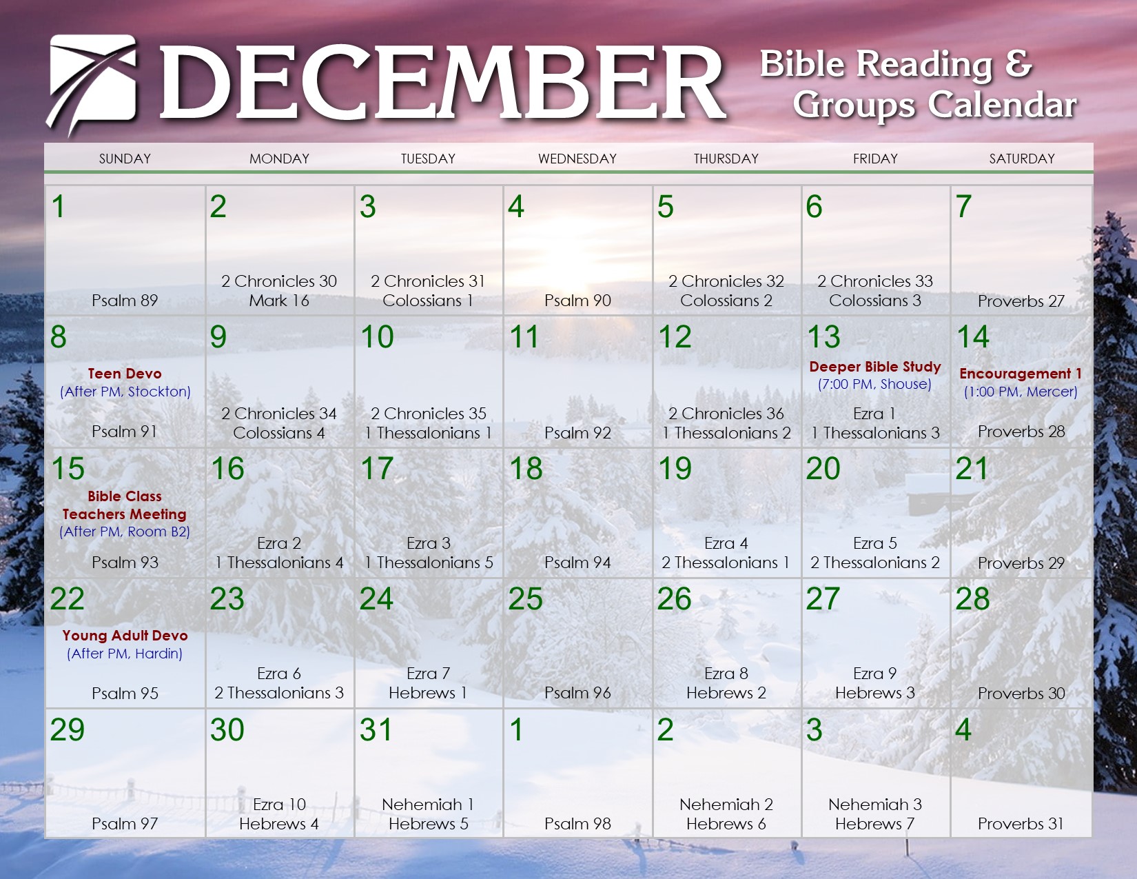 December 2019 Reading Calendar – Charlestown Road church of Christ